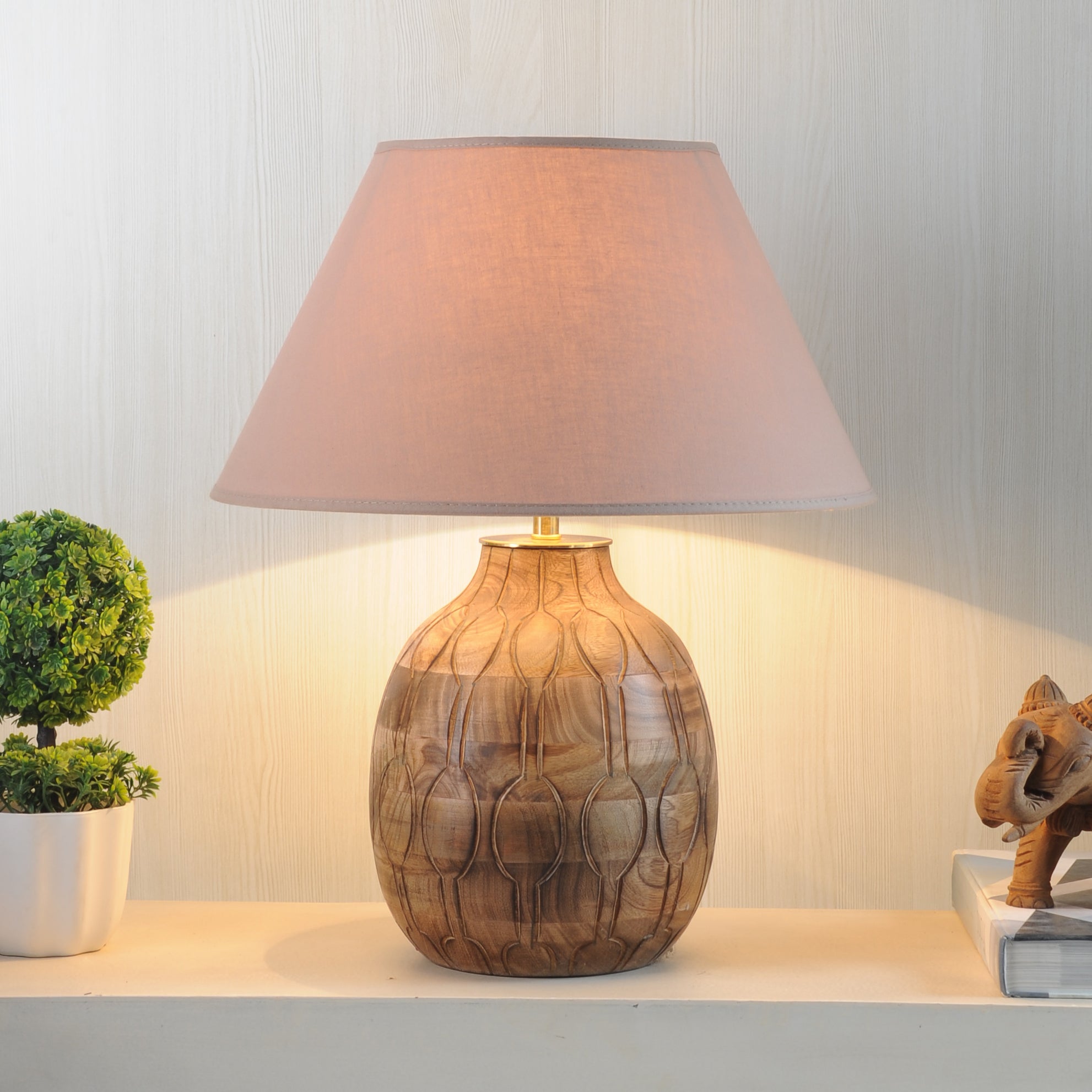SAMSULA natural carved wood table lamp With Beige Cotton Fabric Shade ...