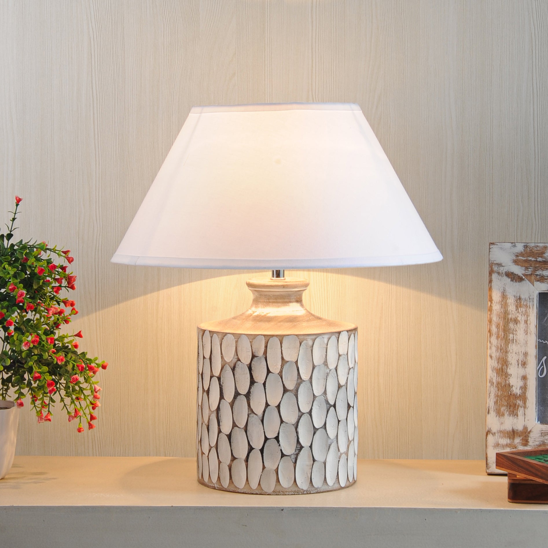 GARLEN natural carved wood table lamp With White Cotton Shade – KAPOOR ...